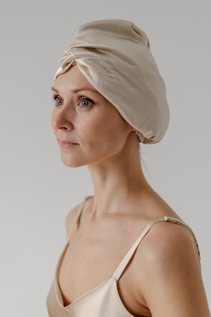 Premium Twisted Silk Bonnet - Golden Champagne – SilkWide